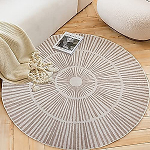 TEALP Round Rug 4Ft Modern Area Rug Soft Faux Wool Rug for Living Room Nonslip Circle Rug with Sunshine Pattern Washable Floor Carpet for Bedroom Laundry Room Nursery Decor Chic Geometric Rug, Camel