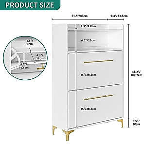 YITAHOME Shoe Cabinet with 2 Flip Drawers, Modern Shoe Storage Cabinet with Open Shelves for Entryway, Free Standing Hidden Shoe Rack Storage Organizer with Gold Metal Handle and Legs, White
