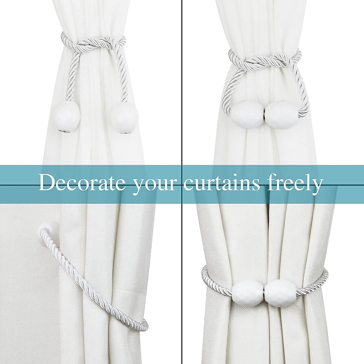 Porlau Strong Magnetic Curtain Tiebacks White 4 Pack Decorative Tie Backs Outdoor Curtain Rope Tiebacks Elegant Curtain Holdbacks for Drapes