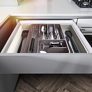 Mueller Large Flatware Kitchen Drawer Organizer, Expandable 19.7" x 15" Silverware Organizer, 6 Compartments, Heavy-Duty, Cutlery Tray for Utensils or Stuff, Dining Room, Living Room, Beige Mocha