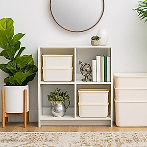 IRIS USA Plastic Modular Basket Bin & Lid, Small, 4-Pack, Stackable Lidded Storage Organizer Bins for-Kitchen-Bathroom and Bedroom, OFF White