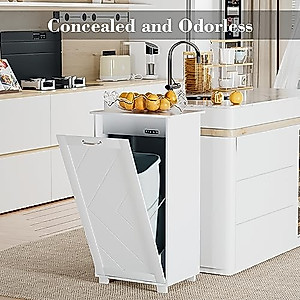 VECELO Tilt Out Kitchen Trash Bin Cabinet, Dog Proof Garbage Can with Wood Holder Free Standing Recycling, White