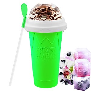 Slushy Maker Cup - DIY Magic Slushy Maker Squeeze Cup, Portable Smoothie Squeeze Cup for Juices, Milk and Ice Cream Make, Double Layers Silicone Slushie Cup with Straw for Friends,Family Gifts (green)