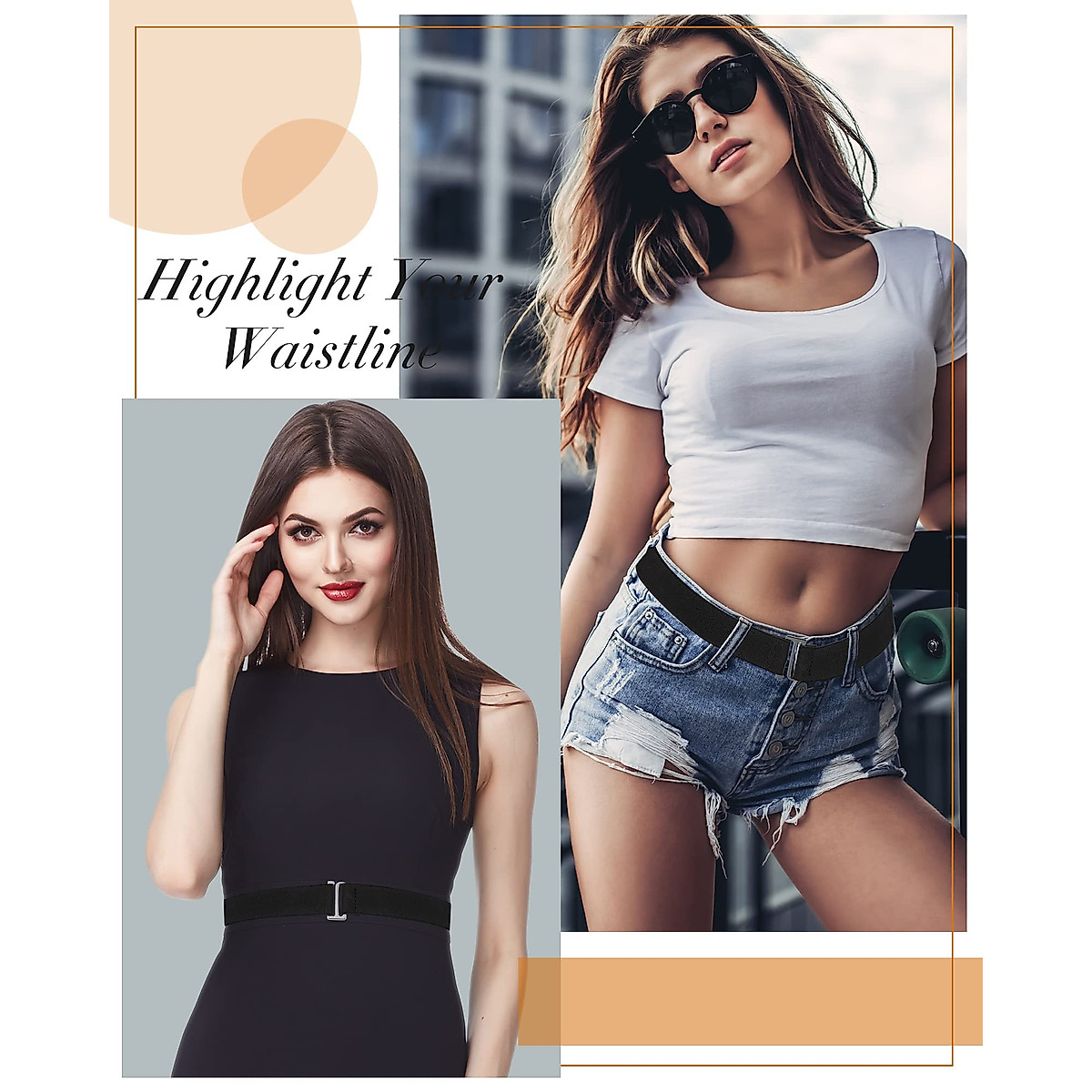 SATINIOR 2/3/4 Pack Women Elastic Stretch Belt Invisible Belts with Flat Buckle for Jeans Pants Dresses(Black,4 Pack)