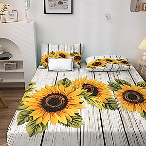 THYUNQ Sunflower Sheets Full Size Bed, Rustic Farmhouse Floral Pattern Bedding Sheets & Pillowcases - 16 Inch Deep Pocket, Super Soft Microfiber Printed Sheet Set 4 Piece