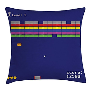 Ambesonne Vintage Throw Pillow Cushion Cover, Playful Design of Arcade with Colorful Square Shapes of Super Mario Funny Modern Graphic Artwork, Decorative Square Accent Pillow Case, 16" X 16", Indigo