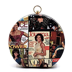 Amy & Joey Glossy Magazine Cover Collage Michelle Obama Printed Round Hard Clutch Bags With Chain Shoulder Strap (Multi)