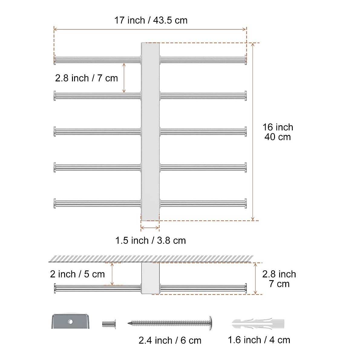 5-Tier Bridge Sliding Bathroom Towel Bar 16 Inch, ZUEXT Brushed Nickel Finished Stainless Steel Towel Holder Hanger, Wall Mounted Adjustable Hand Towel Rod for Washroom Kitchen, 1.5" Tube Towel Racks