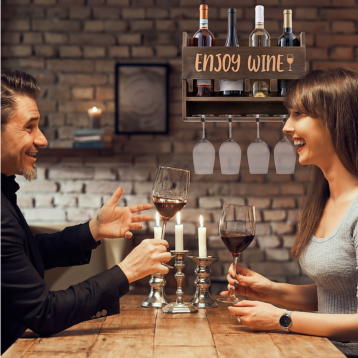 Bezrat Wall Mounted Wine Rack - 4 Wine Glasses Included 12 oz - Rustic Wood Wine Glasses & Bottle Holder, Housewarming Home décor Storage Wine Gifts - Wine Accessories for Women