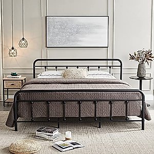 H HESTINYSUSMetal Bed Frame with Vintage Headboard and Footboard, Premium Stable Steel Slat Support Mattress Foundation, No Box Spring Needed and Easy Assembly, Gray Black (King).