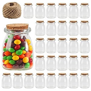 TAOUNOA 29 Pcs Small Glass Jars with Cork Lids, 5 oz Yogurt Jars Candle Jars Mini Glass Bottles Wedding Favor Jars Little Pudding Jars with String