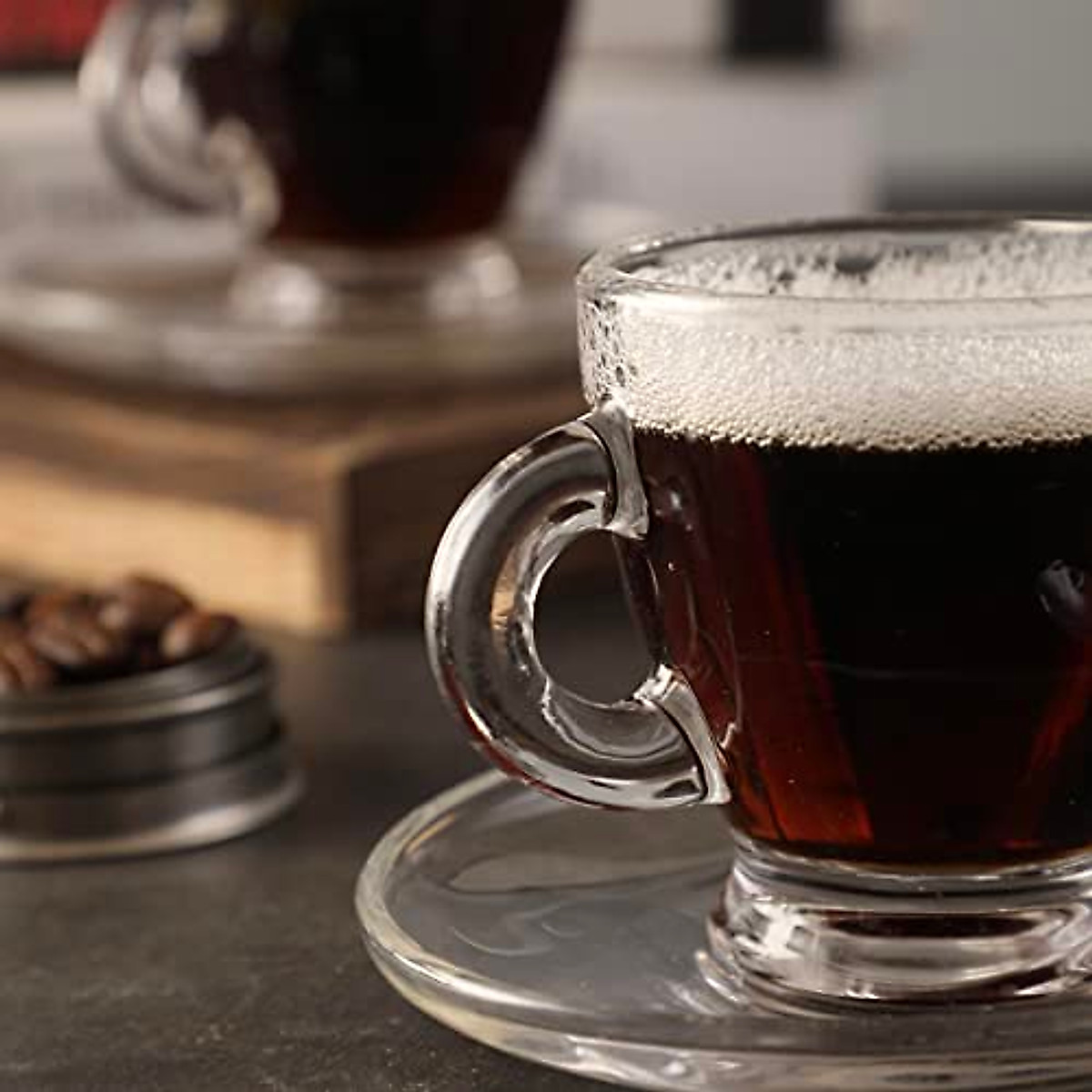 GURUDAR Espresso Cups with Saucers and Spoons Set of 6, Glass Demitasse Cups for Cappuccino Latte Café Mocha Tea and More Beverage, 3.2OZ/95ML, Clear