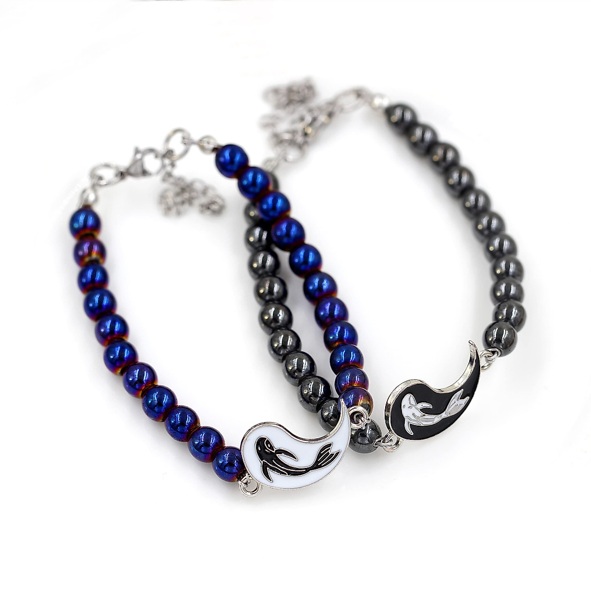 Yin Yang Fish Bracelets Set for Couples - His and Hers Round Black Purple Hematite Beads Bracelets,Matching Puzzle YinYang Fish Bracelets for Boyfriend Girlfriend Best Friends Y2100