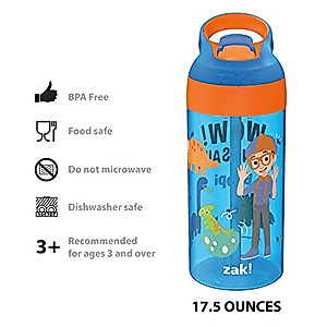 Zak Designs Blippi Kids Water Bottle with Spout Cover and Built-in Carrying Loop, Made of Durable Plastic, Leak-Proof Water Bottle Design for Travel (17.5 oz, Pack of 2)
