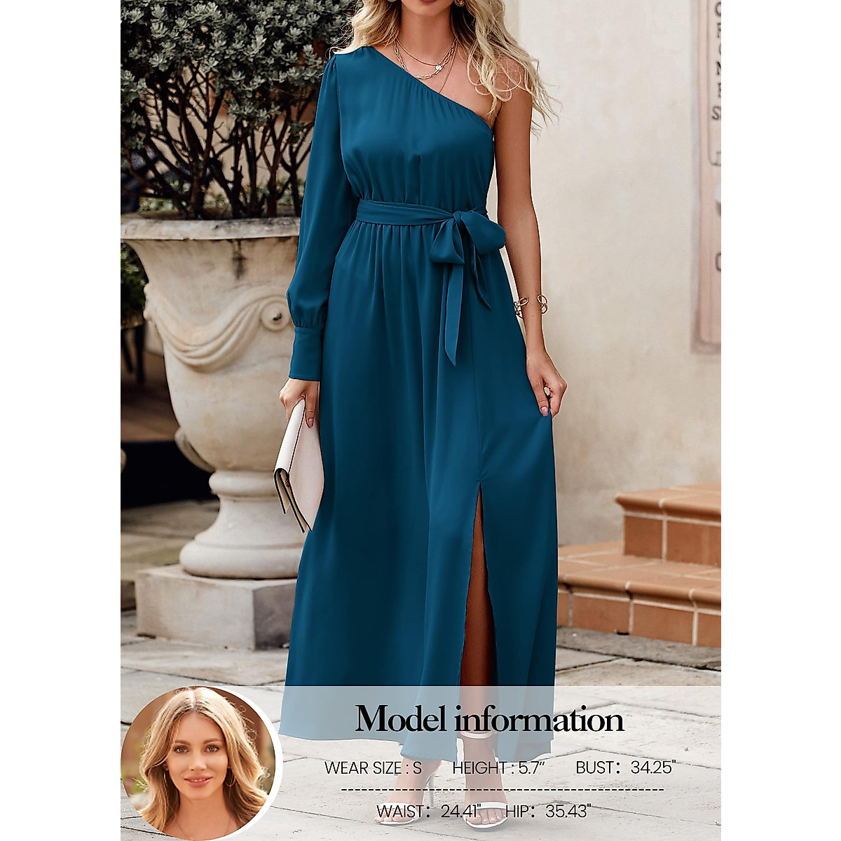 KIRUNDO Women's Satin Long Sleeve One Shoulder Maxi Dress Asymmetrical Tie Waist Slit Party Cocktail Long Formal Dresses(Dark Blue, X-Large)