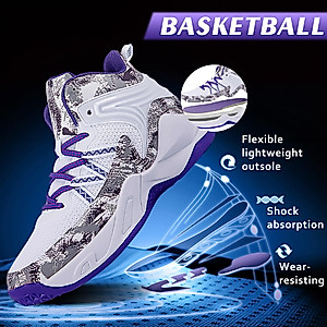 CJSPORX Men Women Basketball Shoes Breathable Non Slip Outdoor Fashion Sneakers White Purple Size 6