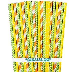 Paper Straws - Yellow Lime Green Orange - Stripe Chevron Dot - Citrus Theme - 75 Pack