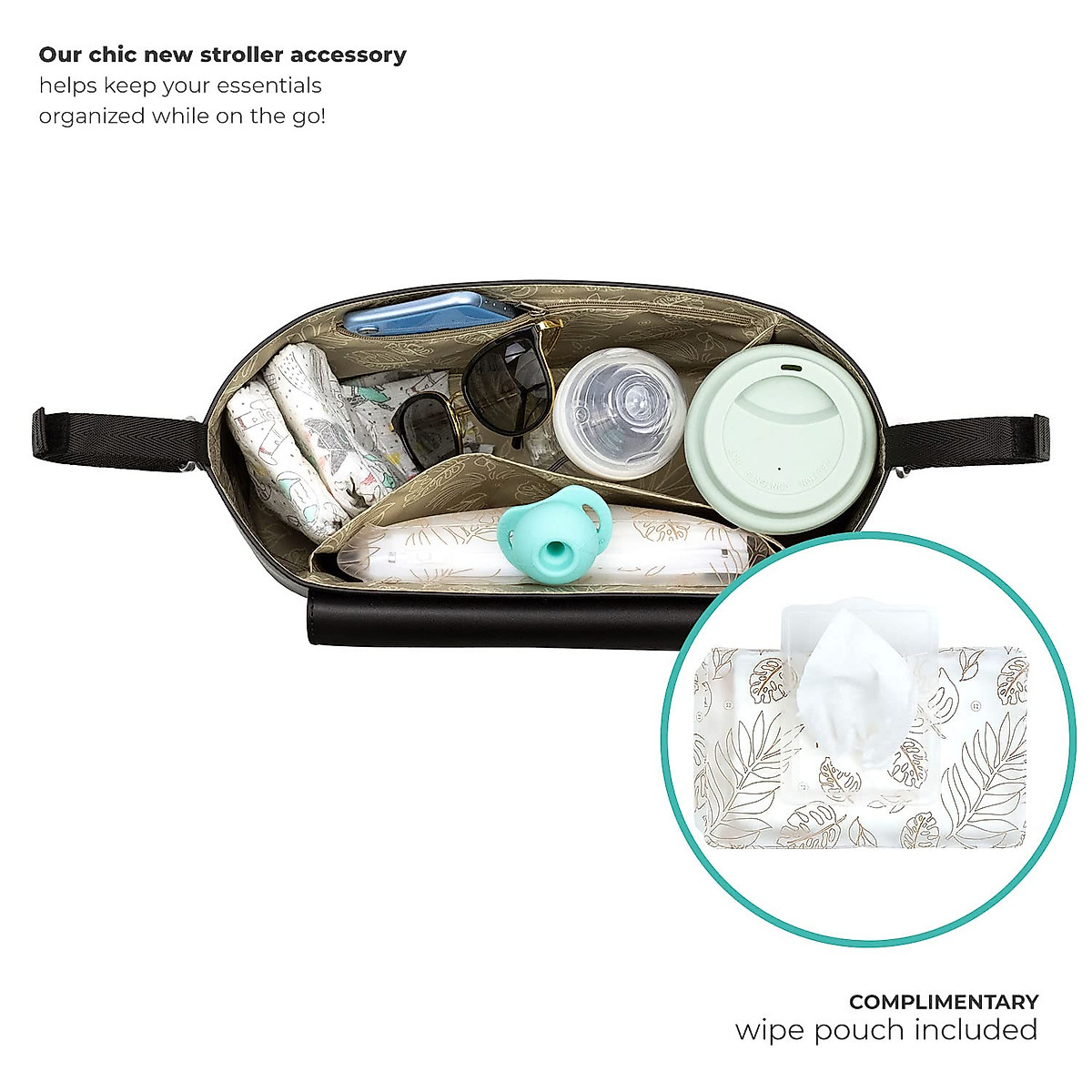 TWELVElittle Stroller Organizer Peek A Boo Stroller Caddy with Baby Wipes Case in Vegan Leather, Black