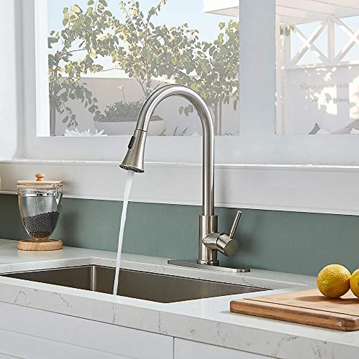 KINGO HOME Modern Commercial High Arc Stainless Steel Single Lever Handle Pull Down Sprayer Brushed Nickel Kitchen Faucet, Kitchen Sink Faucet with Deck Plate
