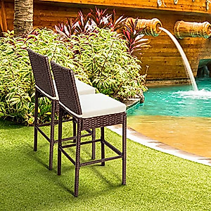 NOVAGLORY Outdoor Bar Stools Wicker Woven Patio Stools & Patio Bar Chairs Height Stools with Footrest Armless Cushion Beige All Weather Rattan Garden Stool for Pool Lawn Porch Backyard (4, Beige)