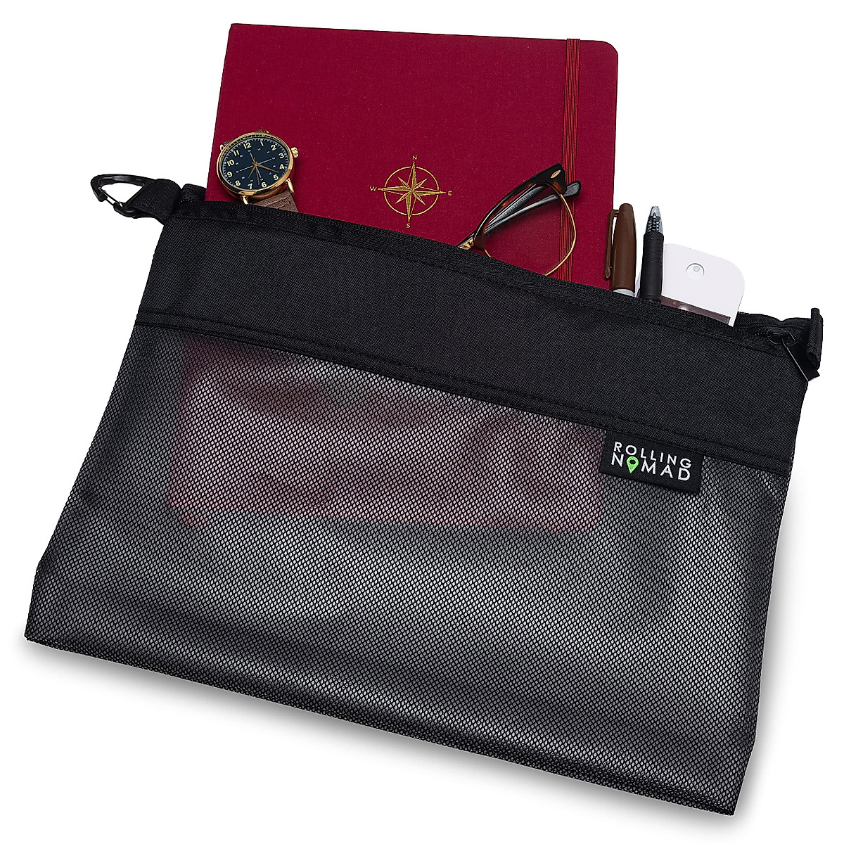 Rolling Nomad Large Zipper Pouch, Water-Resistant Mesh Bag, Black Travel Organizer, Toiletry, Storage, Cosmetics, Money Purse, Accesory, 14.2x10.2x0.4