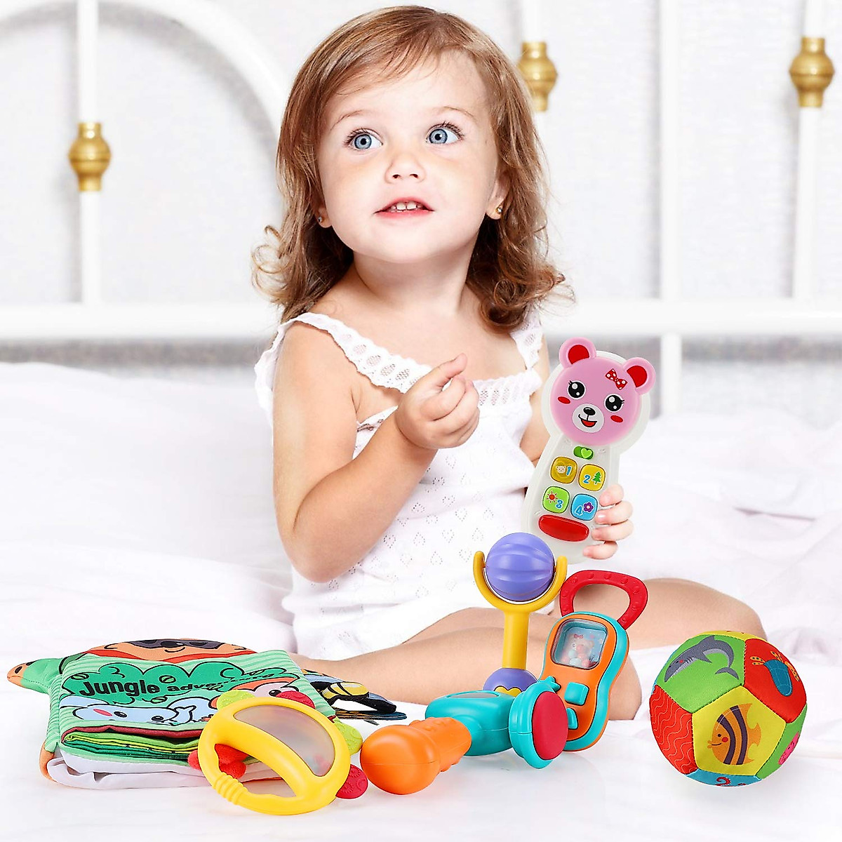 Earsam 6 to 12 Months Baby Phone Toy Rattles Musical Set, Infants Cell Phone Toy & Babies Rattles Teethers Set and Animals Newborn Soft Cloth Book, Baby Toys Early Educational and Sensory Learning