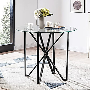 WISOICE Dining Table Round Glass Kitchen Dining Room Table with Tempered Glass Top and Metal Frames, Modern Circle Dinner Table for Small Spaces Living Room