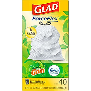 GLAD ForceFlex Tall Drawstring Trash Bags, 13 Gallon White Trash Bags for Tall Kitchen Trash Can, Gain Original Scent to Eliminate Odors, 40 Count