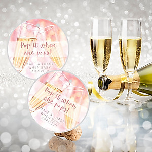 Crafters Cup Pop It When She Pops Champagne Tag | 30 Pack | 2.5'' inch Circle Tag with Pre-Cut Hole | Baby Shower Party Favor Tag | Pink Champagne Design for Baby Girl (Pop It Tag Pink), POP-CH-P-18