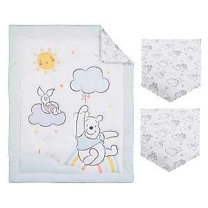 Disney Winnie The Pooh Hello Sunshine White and Aqua Piglet, Rainbow, Clouds, and Sun 3 Piece Nursery Mini Crib Bedding Set - Comforter and Two Fitted Mini Crib Sheets