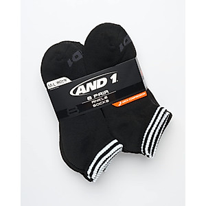 AND1 Boys' Socks - Athletic Cushion Quarter Cut Socks (8 Pack), Size Small-Medium, Solid Black