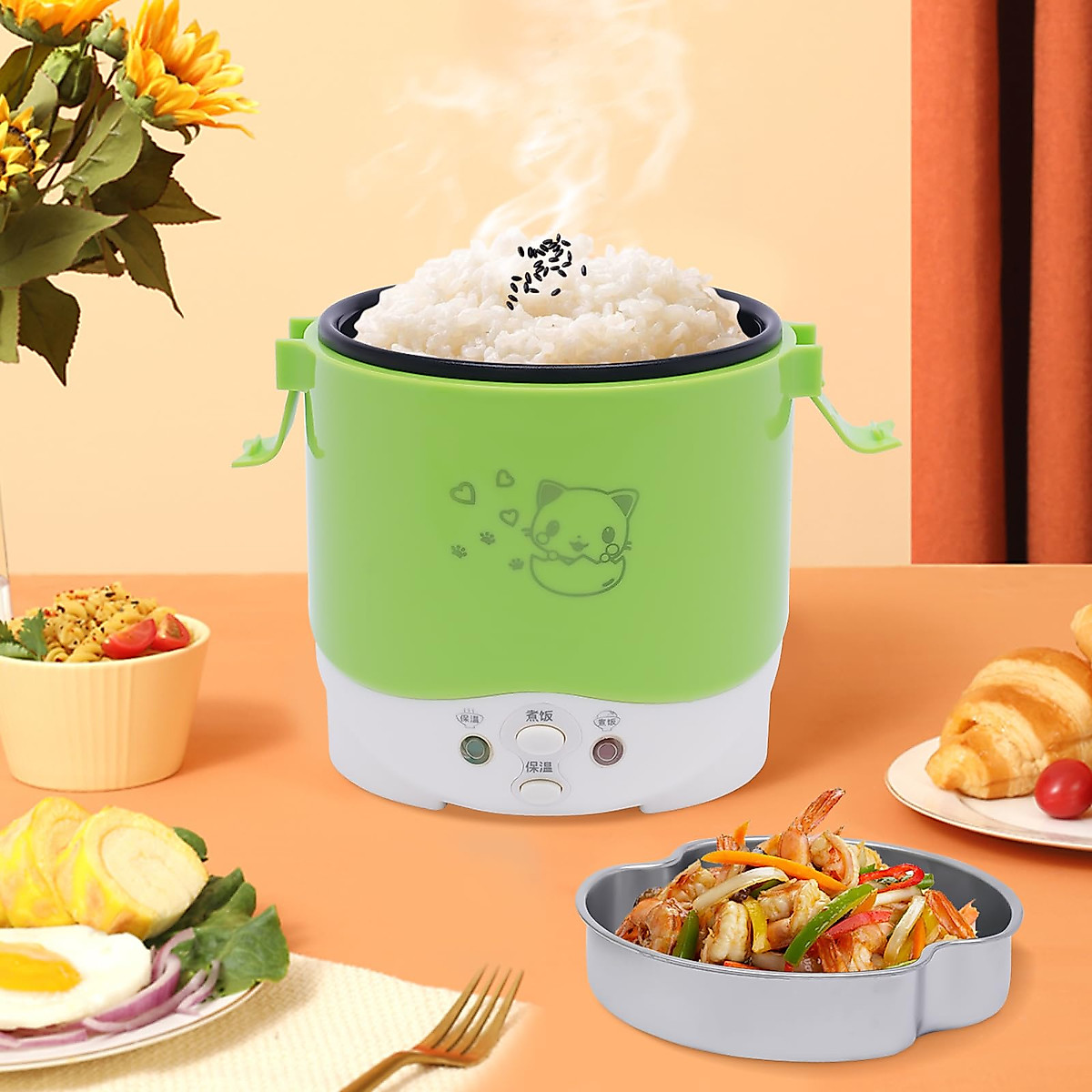 Headery Rice Cooker Small 12V, Mini Rice Cooker Steamer 1 Cup, Portable Easy Operation Well Insulated 1-2h Non-stick Rice Maker Food Steamer with Handle and Spoon for Car Home (Green)