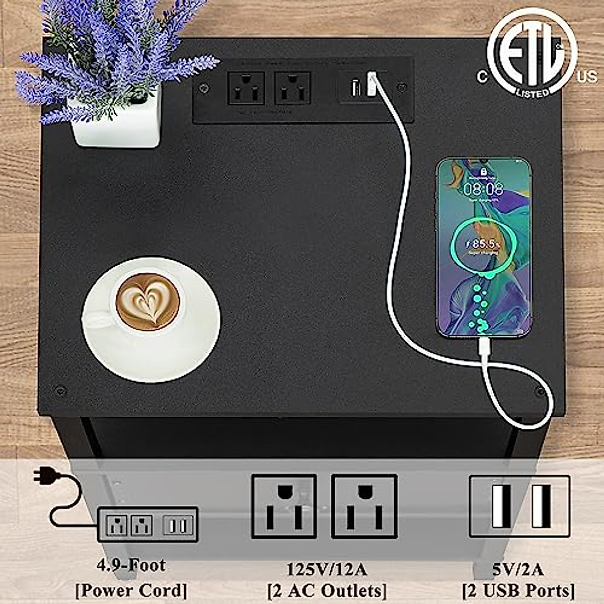 Lerliuo Nightstand with Charging Station and USB Ports, 3-Tier Storage End Table with Drawer Shelf, Night Stand for Small Spaces, Wood Bedside Table for Living Room, Bedroom - Classic Black