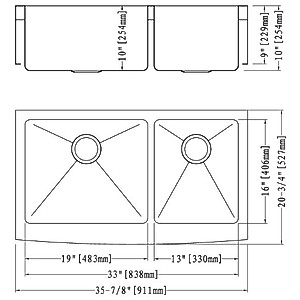 Dowell 10" Deep Apron Front Farmhouse Undermount Double Bowl 35-7/8x20-3/4 Stainless Steel Kitchen Sink (16 Gauge, 6008 3620D)
