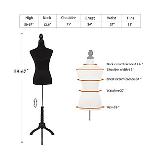 Mannequin Body, Female Dress Form Manikin Body Torso 60-67Inch Height Adjustable, Woman Body Torso Clothing Display Manikin with Tripod Stand for Sewing Dress Jewelry Market Shop Display (Black)