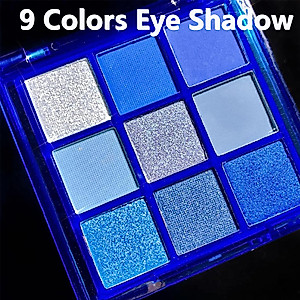 9 Colors Blue Eyeshadow Palette, Eyeshadow Palette For Blue Eyes, Blue Glitter Eye Shadow, Shiny Sparkle Shimmer Glitter Blue Eye Shadow Makeup, Navy Blue Eyeshadow Set for Women, Small Eye Makeup, Eyeshadow Brush Included