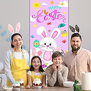 Happy Easter Door Cover - Easter Rabbit Door Cover Decoration Outdoor Courtyard Flag Welcome Spring Banner For Spring Easter Holiday Party Decoration - Pink