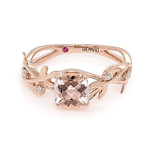 GEMVIO Collection Cushion Cut 6MM Morganite Solitaire Gemstone & Diamond Accent Vine Leaf in 14k Rose Gold Over Sterling Silver Engagement Promise Statement Wedding Ring(0.83Cttw) Size-7