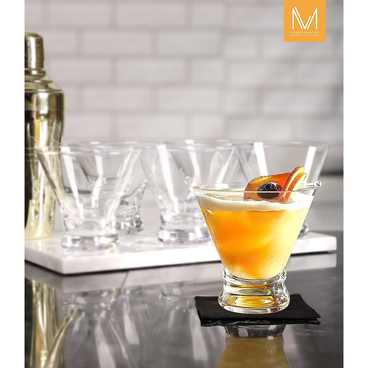 LUNA & MANTHA Martini Glasses Set of 4, Stemless Martini Cocktail Glasses for Margarita, Manhattan, Cosmopolitan, Home Bar, Evening Parties, Birthdays, Housewarming Gift, Crystal Clear 8 OZ