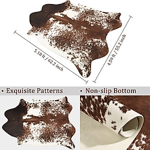 Chicrug Exquisite Faux Fur Cowhide Rug, 4.6 x 5.2 Feet Cow Hide Western Room Decor Rug for Living Room Bedroom, Non Slip Cute Cow Animal Print Floor Carpet for Kids Family, White and Brown