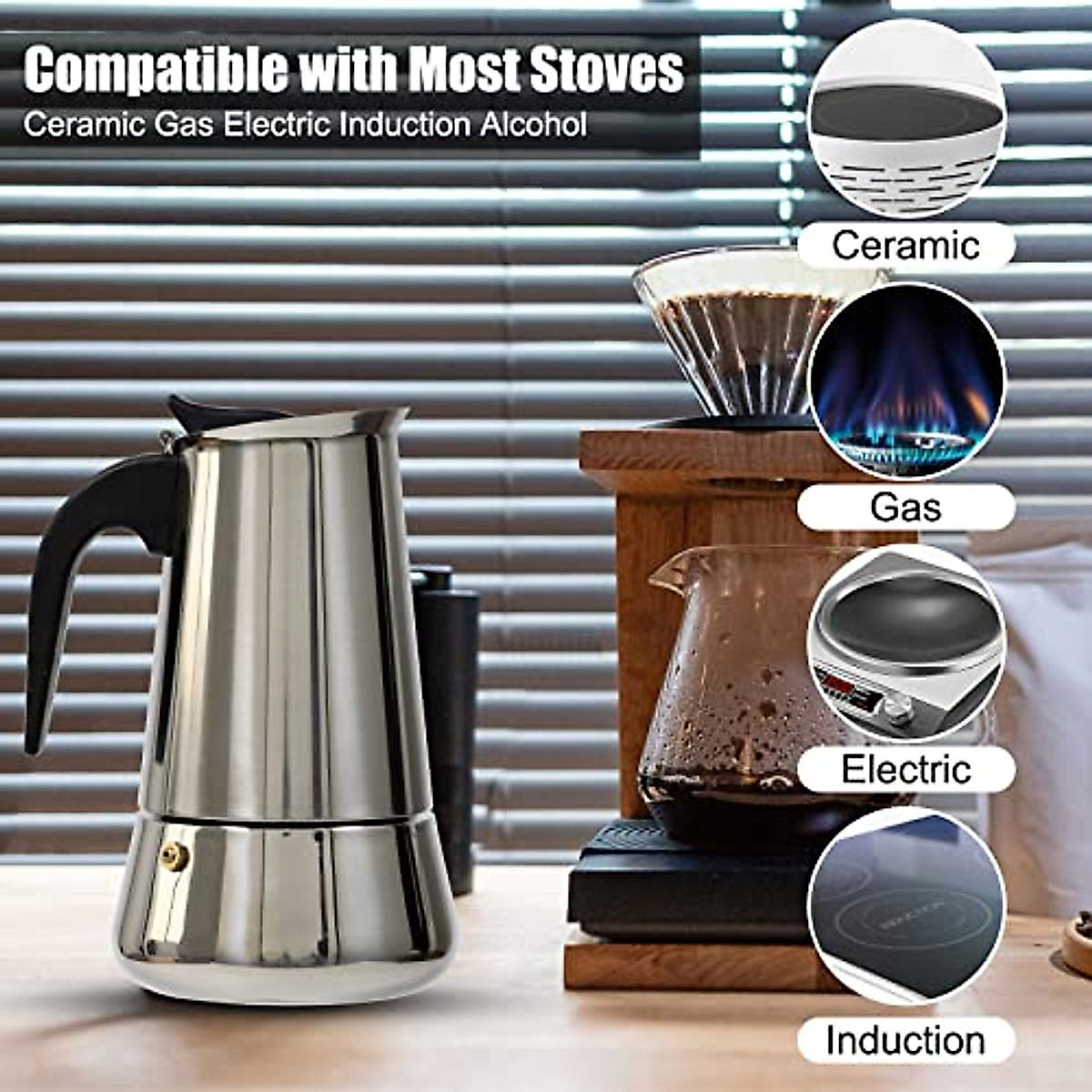 ALYSTER Moka Pot Italian Coffee Maker Classic Stovetop Espresso Maker 9Cup/16OZ Stainless Steel Stovetop Induction Espresso Pot (9Cup(16OZ, Silver)