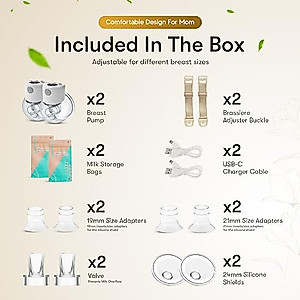 Wearable Breast Pump, Hands-Free Electric Breastfeeding Pump with 2 Pumping Modes & 9 Levels, Leak Proof with Anti-backflow Technology, Low Noise, 24mm Flexible Flange & Extra Inserts