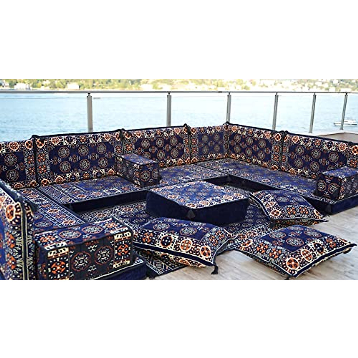 Navy Blue U Shaped Arabic Floor Sofa Set, Floor Cushions, Balcony Patio Sofas, Pallet Sofa, Ethnic Sofa, Moroccan Sofas, Sectional Sofas, Pouffs (U Sofa Full Set)