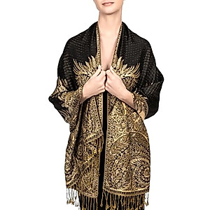 Achillea Luxurious Big Paisley Jacquard Layered Woven Pashmina Shawl Wrap Scarf Stole (Black)