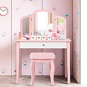 KOTEK Kids Vanity Set w/Tri-Folding Mirror, Princess Makeup Dressing Table w/Detachable Top & Drawer, 2-in-1 Vanity Table and Chair Set, Pretend Beauty Play Vanity for Girls (Pink)