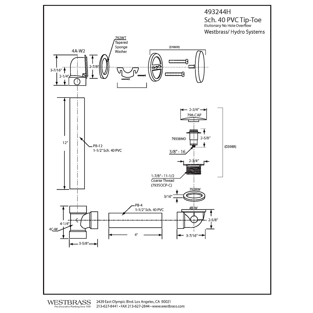 Westbrass 493244H-01 12" & 4" Bath Waste & Overflow Assembly with Tip-Toe Drain Plug and Illusionary Faceplate-SCH. 40 PVC Pipe, 1-Pack, Polished Brass