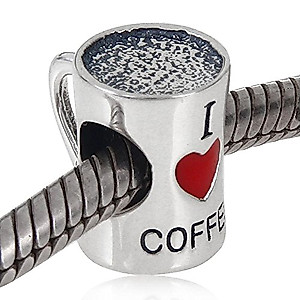 JORLLA I Love Coffee Charm Solid 925 Sterling Silver Red Enamel Heart Cup Bead for European Bracelet
