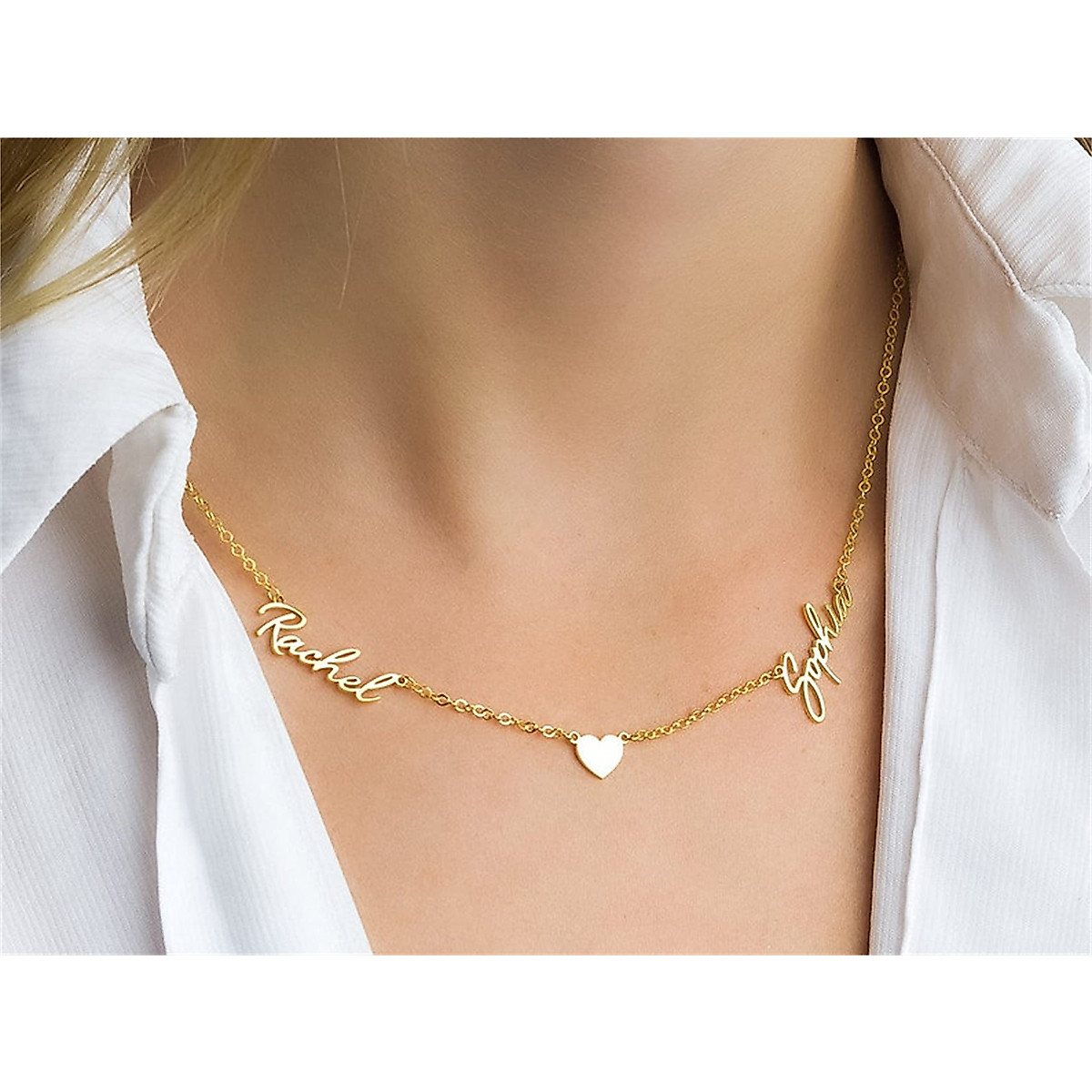 YOOSHINING Name Necklace Personalized 2 Name Necklace with Heart for Couple Double Necklace Custom Name Necklace for Women Mother Sisters Gift for Birthday Wedding Anniversary Mother's Day Gift