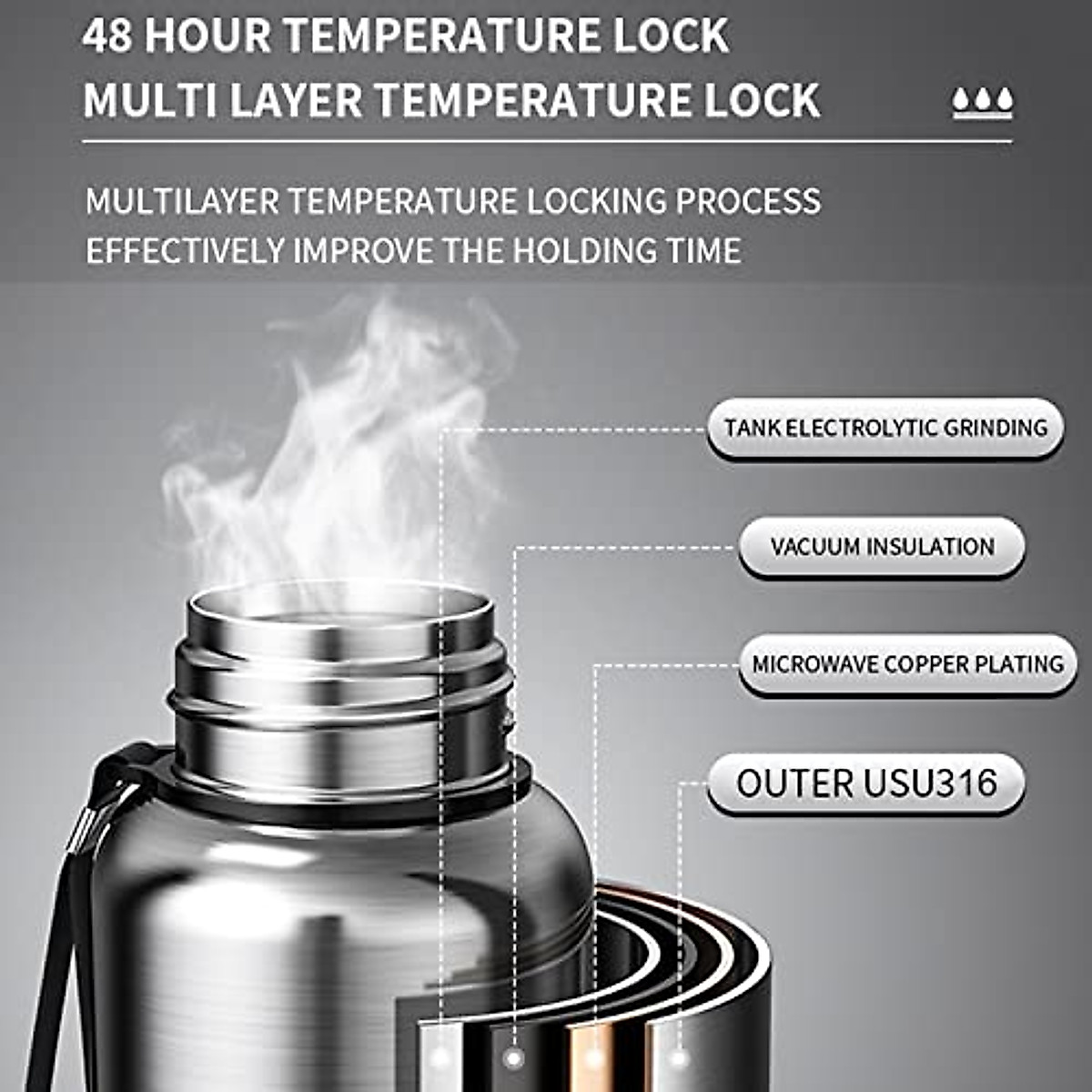 Insulated Water Bottle, 28oz Large Capacity Stainless Steel Thermos Portable Vacuum Travel Cup with Rope for Coffee Hot and Cold Drink