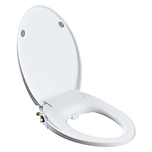 Hibbent Round Bidet Toilet Seat with Slow Close, Non-Electric Bidet Attachment for Toilet Seat with Dual Nozzle, Bidet Sprayer with Adjustable Self-Cleaning Nozzles, Brass T Adapter